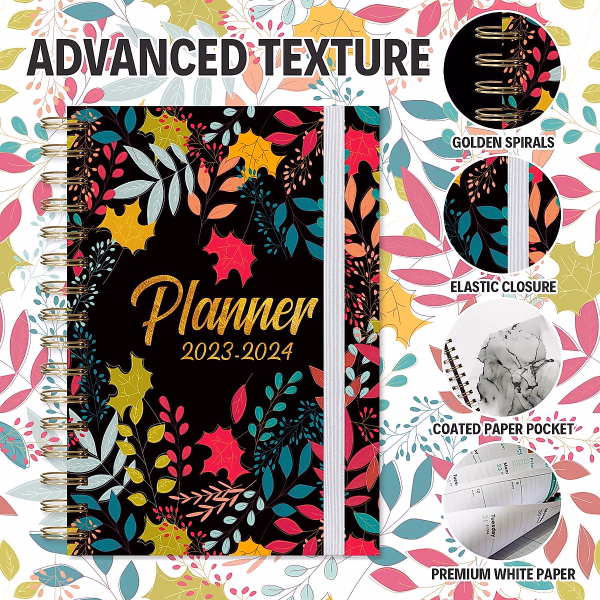 Hardcover Planner 2023-2024, 14 Months Daily Planner from JAN.2023 to FEB.2024, 8.5"x6" Portable Weekly Monthly Planner 2023-2024 Spiral Yearly Agenda with Hello Page, Elastic Closure, Inner Pocket