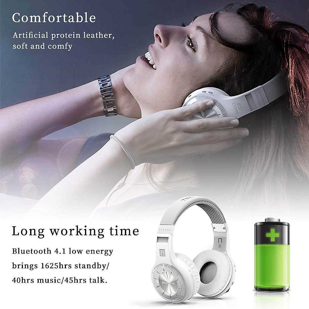 Bluedio Bluetooth 5.0 Headphones Over Ear, Wireless and Wired Bluetooth On-Ear Stereo Earphones Noise Cancelling Headsets with Microphone, Line-in/Line-Out//Voice Contrl (White)
