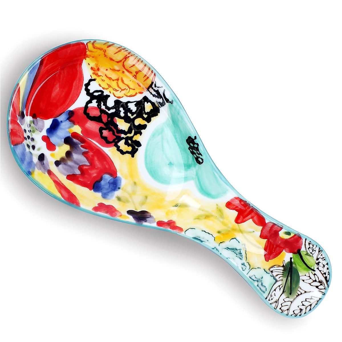 Colorful Hand Painted Spoon Rest - Ceramic Large Spoon Holder for Kitchen Counter Stove Top, Dishwasher Safe, Multicolor (1 Pack)