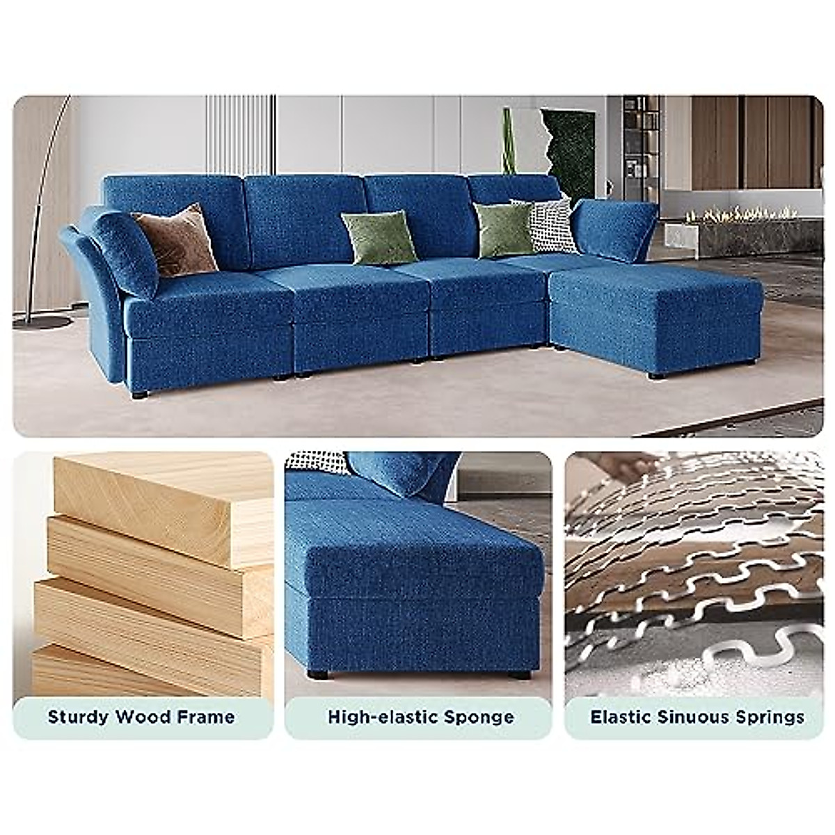 VanAcc Modular Sectional Sofa, Sectional Couch, 9 Seats Sofa- U Shaped sectional with Ottomans, Reversible Sofa Couch for Living Room, Blue Linen