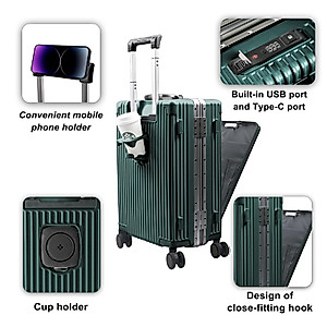 DwanNuts Carry On Luggage with Cup Holder and Usb Port, Aluminum Frame, Front Compartment, TSA Lock, 22x14x9 Airline Approved Hardside Suitcase with Spinner Wheels(Dark Green, 20-lnch)