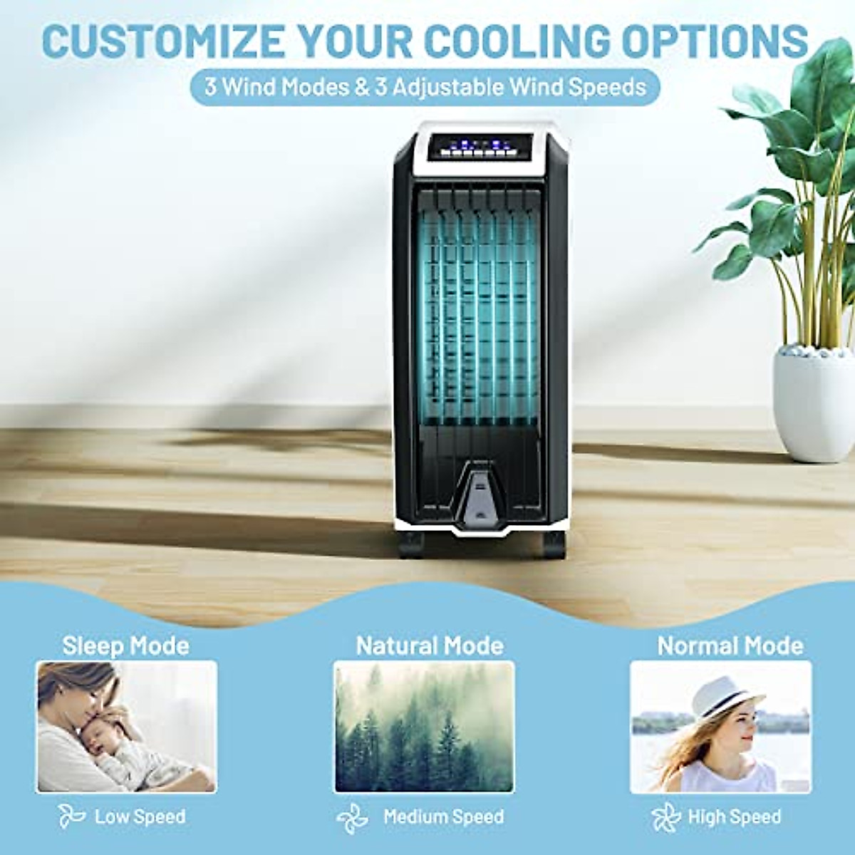 PETSITE Evaporative Air Cooler, 3-IN-1 Portable Air Cooler with Remote Control, 7.5-Hour Timer, 3 Modes, 3 Speeds, 2 Ice Packs, Swamp Cooler Air Conditioner for Bedroom, Home Office Dorms