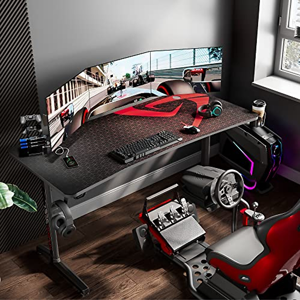 It's_Organized Gaming Desk, 60 Inch Computer Desk Carbon Fiber Surface Gamer Desk with Free Mouse pad, T-Shaped Professional Gaming Table with USB Gaming Rack, Cup Holder & Headphone Hooks, (Black)