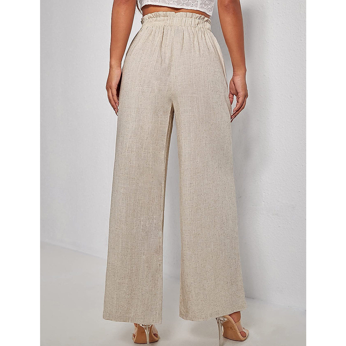 Ugerlov Women's Paperbag Waist Drawstring Linen Pants Wide Leg High Waisted Lounge Casual Trousers with Pockets, Apricot, XL