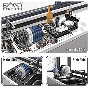 ETRENDS Dish Drying Rack Expandable Dish Racks for Kitchen Counter, 2-Tier Large Capacity Dish Rack Kitchen Sink Rust Proof Dish Drainer Drainboard Set with Utensil Holder(Stainless Steel)
