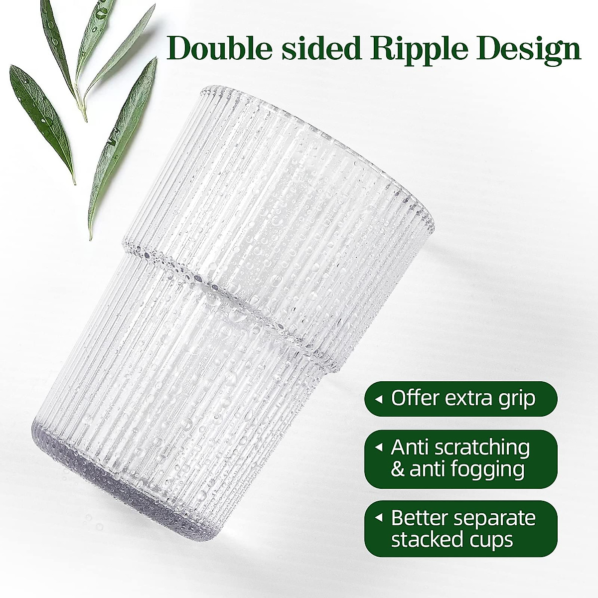 REALWAY Plastic Tumblers, Unbreakable Ribbed Glasses,17OZ Origami Style Drinking Cup, Reusable Plastic Glasses Drinking Dishwasher Safe, Clear Acrylic Cups -Stackable- for Kitchen Poolside, Set of 8