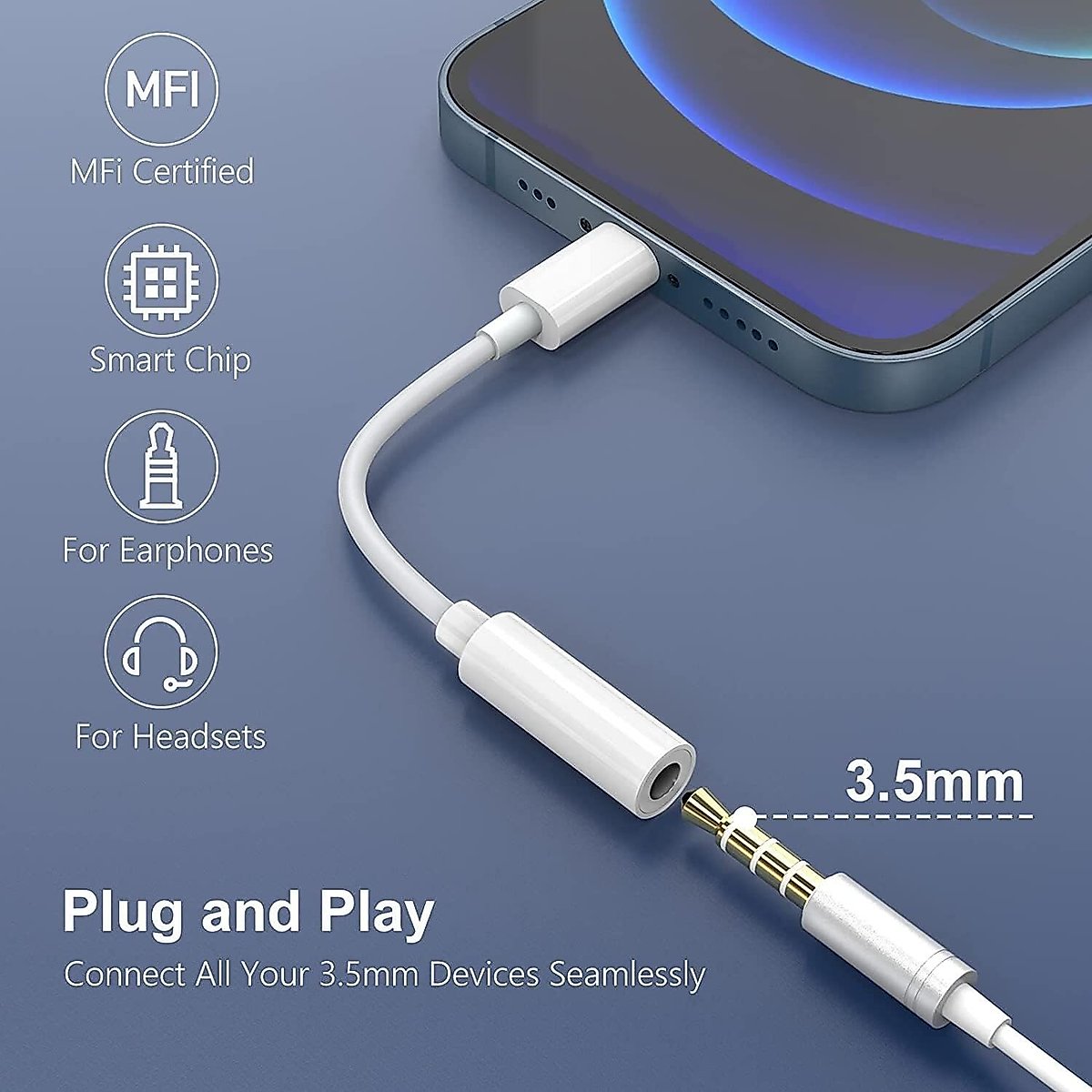 Veetone 3.5mm AUX Headphone Adapter, Lightning to 3.5mm, CSR Smart Chip, Stable Connection, Fast Transmission, Wide Signal Range, Supports 48 KHz, 26-bit Audio, HD Audio Decoding