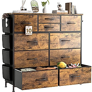 YaFiti 10 Drawer Dresser, Chest of Drawers for Bedroom, Fabric Dresser Drawers with Side Pockets, Hooks, Wooden Top and Sturdy Metal Frame for Living Room, Closet, Hallway, Nursery (Rustic Brown)