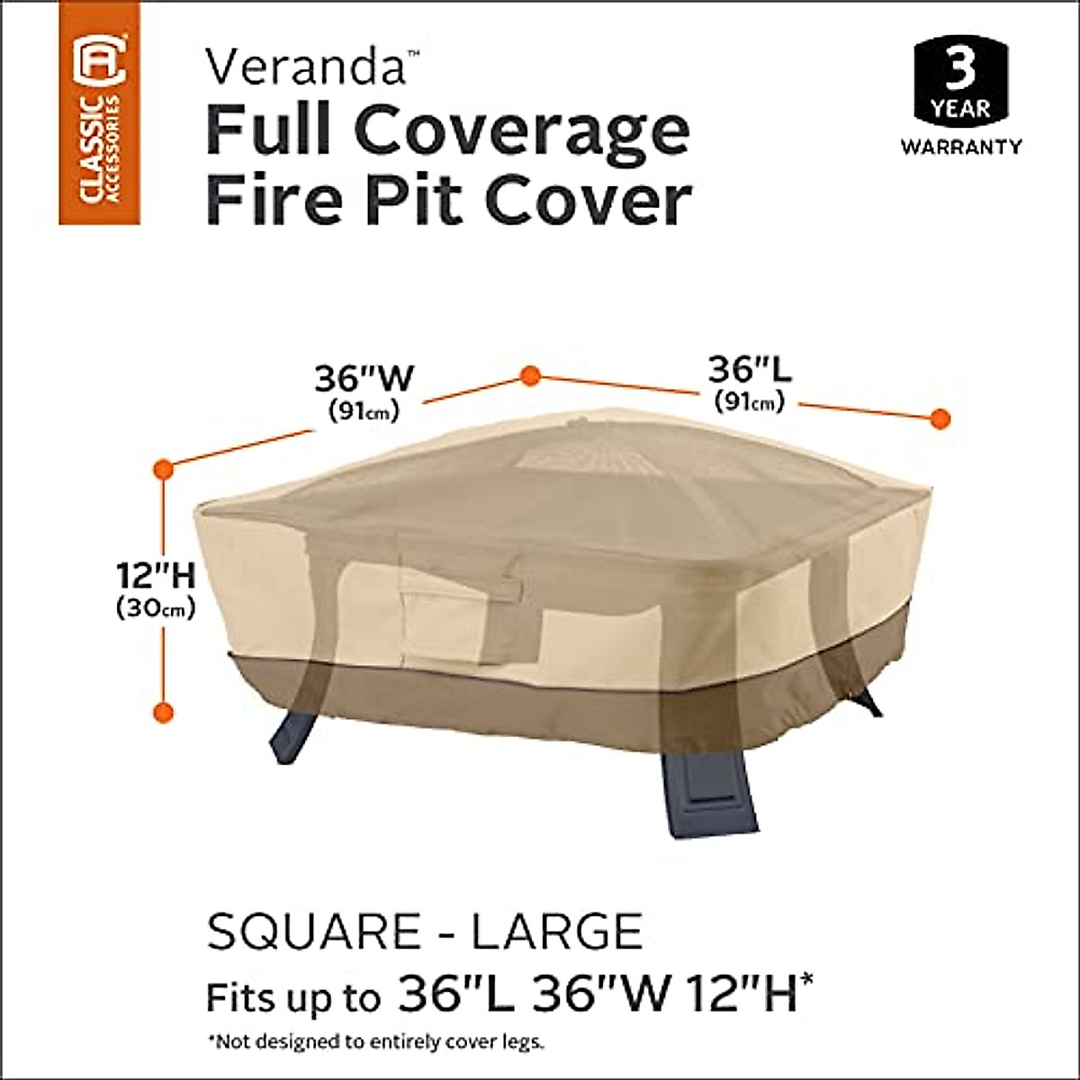 Classic Accessories Veranda Water-Resistant 36 Inch Full Coverage Square Fire Pit Cover, Patio Furniture Covers, Pebble/Bark/Earth