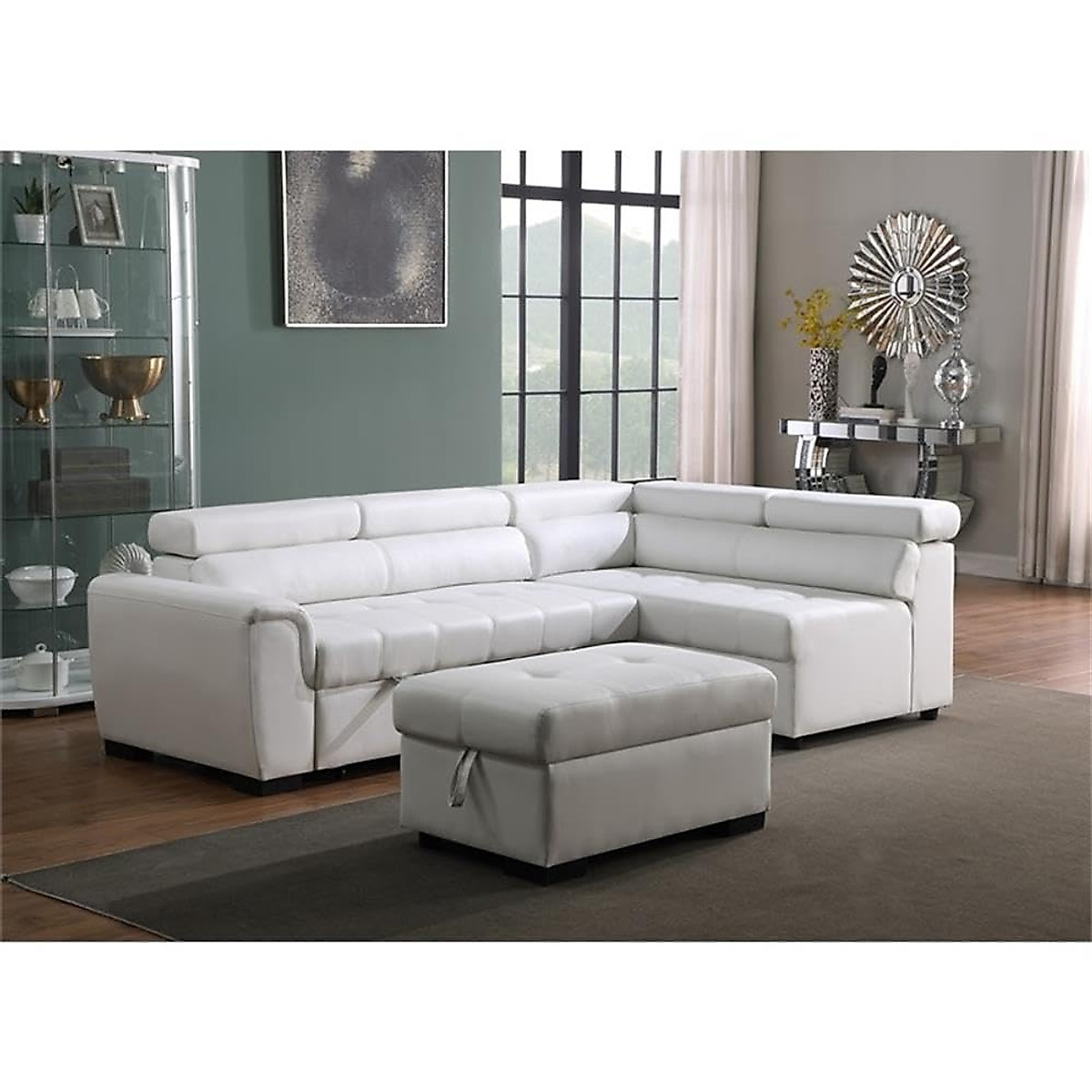 Infini Right Sided Faux Leather Sleeper Sofa with Storage Ottoman in White