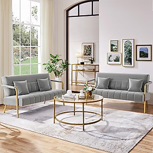 Yaheetech 56.5" W Modern Loveseat 2 Seater Sofa Luxurious Velvet Fabric Couch with Gold-Tone Metal Arms and Legs for Living Room, Home Office, Studio Light Gray
