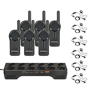 6 Pack of Motorola DLR1060 Radios with 6 Push to Talk (PTT) earpieces and a 12 Pocket Radio Charger