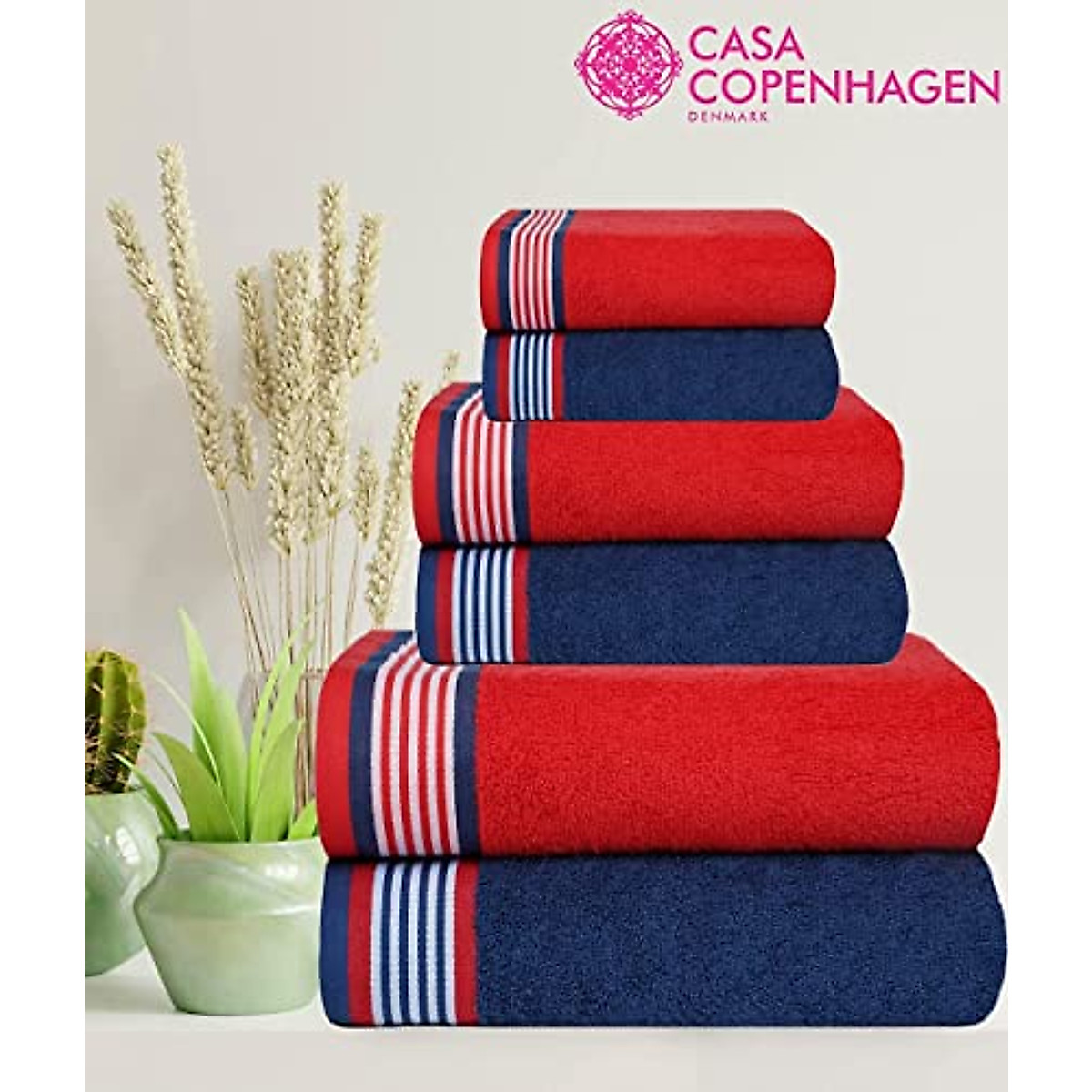 CASA COPENHAGEN Designed in Denmark 550 GSM 2 Large Bath Towels 2 Large Hand Towels 2 Washcloths, Super Soft Egyptian Cotton 6 Towels Set for Bathroom, Kitchen & Shower - American Blue & Red