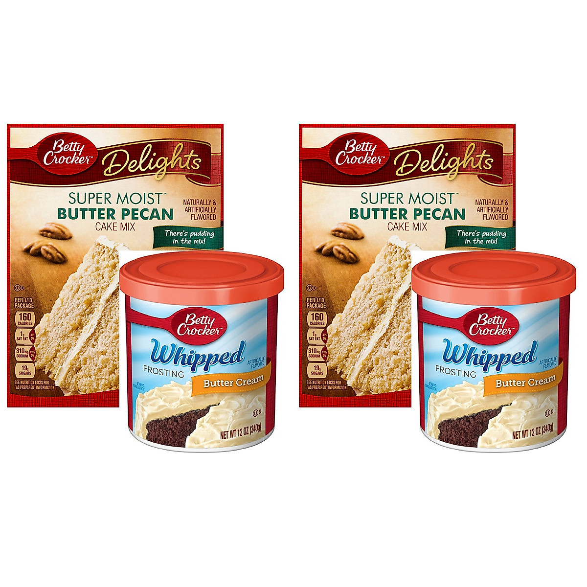 Betty Crocker Super Moist Butter Pecan Cake Mix and Betty Crocker Whipped Buttercream Frosting Bundle - 2 of Each - 4 Items
