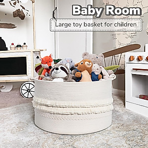 CherryNow Large White Woven Storage Basket, Boho Decorative Basket for Home Decor, Towel basket for Bathroom, Bedroom, Living room, Baby Nursery Basket for Clothes, Toys, Blankets, 22 x 14 inches