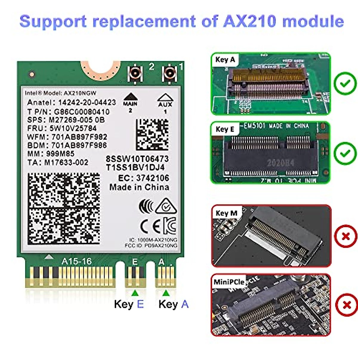 AX210 Card WiFi for Laptop,Wireless Module for Laptop Desktop with Bluetooth 5.2,Wi-Fi 6E AX210NGW 802.11ax Internal Wireless Network Card M.2/ NGFF for Laptop and PC Support Windows 10 11 64bit