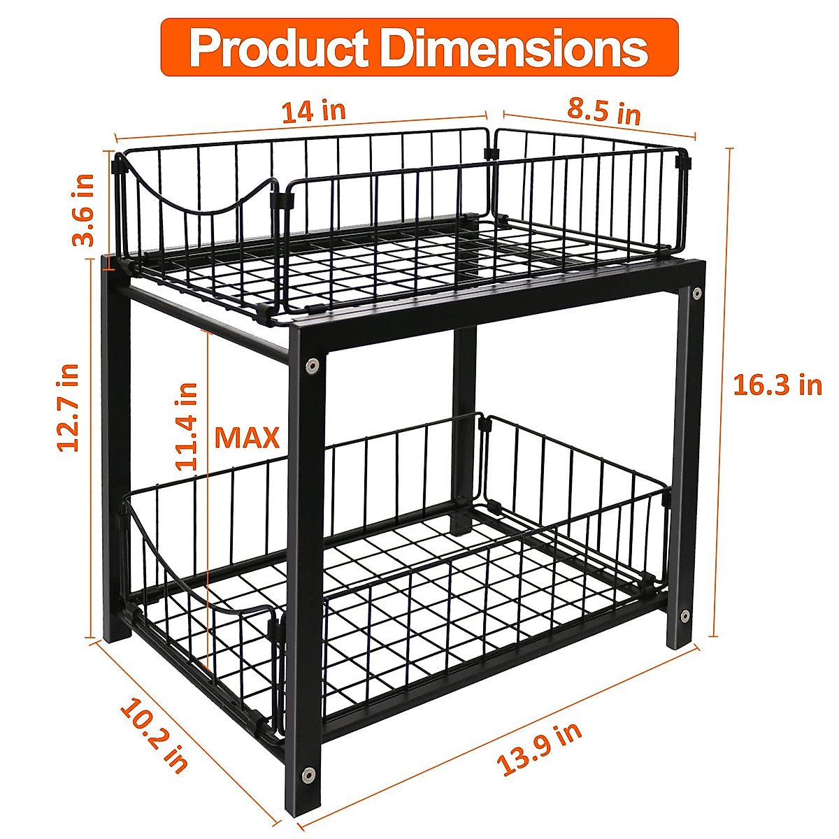 Under Sink Storage, 2 Tier Cabinet Organizer with Sliding Drawer, Easy to Assemble Pull-Out Storage Mesh Basket, Organization for Bathroom, Kitchen, Home (Black)