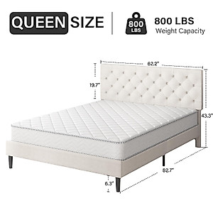 HOMBCK Queen Bed Frame with Headboard, Linen Fabric Upholstered Bed Frame Queen, Wood Slats Support, Button Tufted, No Box Spring Needed, White