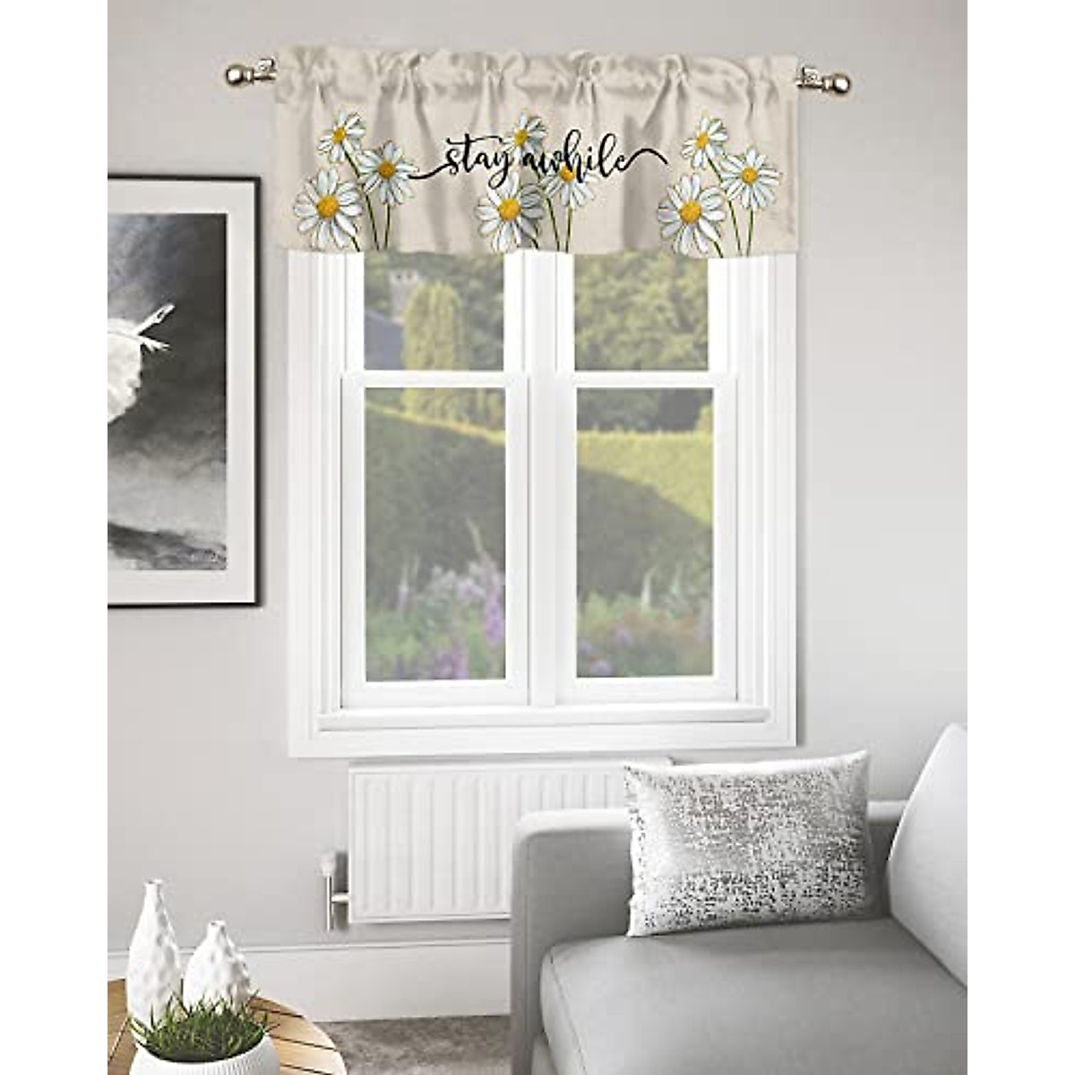 Homechoid Farmhouse Flower Curtain Valance for Windows/Living Room/Kitchen/Bathroom/Farmhouse, Gold White Daisy Floral Watercolor Short Rod Pocket Tier Curtain Window Treatment 1 Panel 54x18
