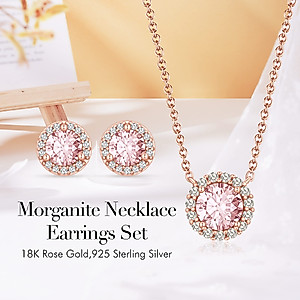 Gloffery 18K Rose Gold Plated 925 Sterling Silver Created-Morganite Round Solitaire Dainty Halo Pendant Necklace and Earrings Set for Women, Sterling Silver, created morganite