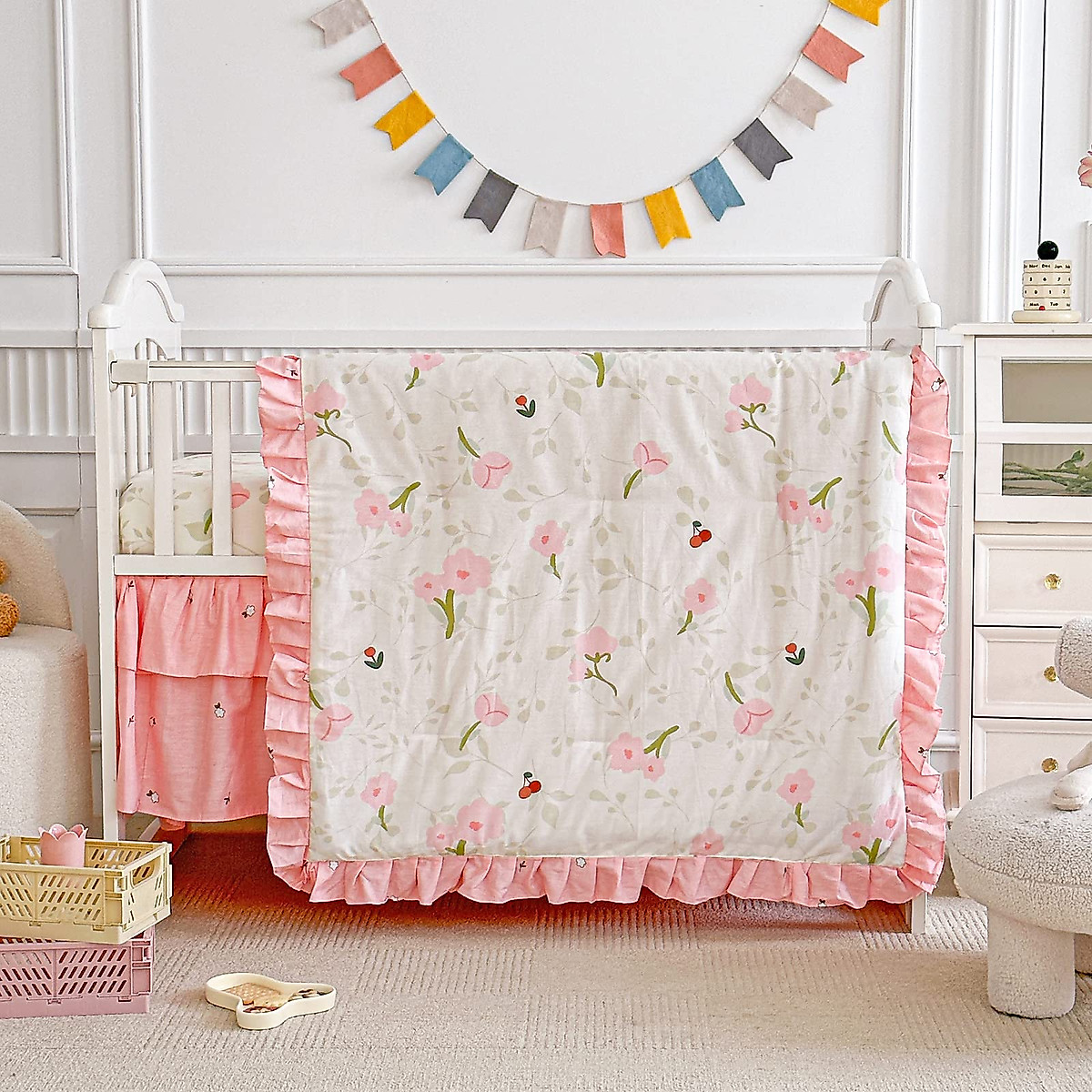 Cotton Ruffle Crib Bedding Set 3 pc Flowers Quilted Comforter with Fitted Sheet and Bed Skirt - Light Pink Flowers and Green Spray - Cute Ruffled Shabby Chic Floral Crib Set Soft Blanket for Girls