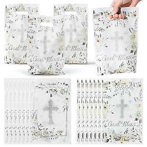 50Pcs Treat Party Bags Summer Sliver White Gold Party Favors Back to School Supplies Bags Print Easter Cross God Bless with Plastic Gifts Birthday Snack Bags Baptism First Communion Favor Supplies
