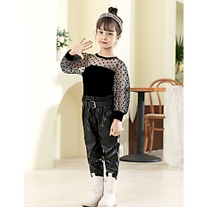 Fommy Toddler Girl Clothes, 5-6T Girls Clothes Mesh Puff Long Sleeve Top + PU Leather Pants 2Pcs Girls Outfit Set
