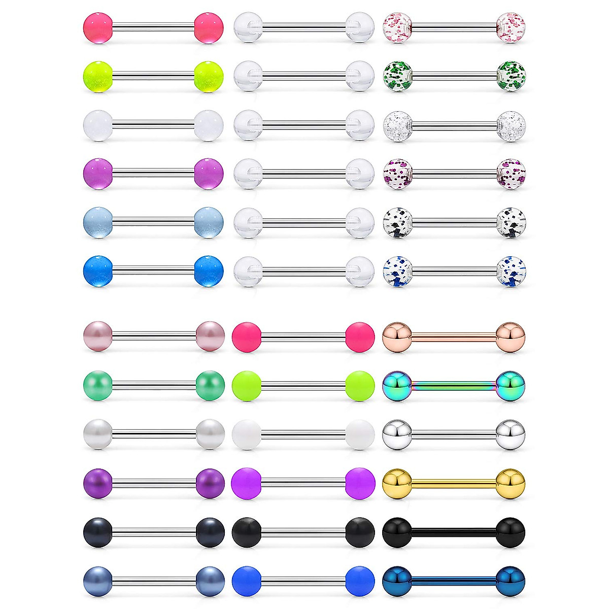 SCERRING 14G Stainless Steel Tongue Barbell Ring Nippleings Nipple Rings Shinny Acrylic Glow in Dark Opal Gilitter Balls Cartilage Body Piercing Jewelry Retainer 16mm 36PCS