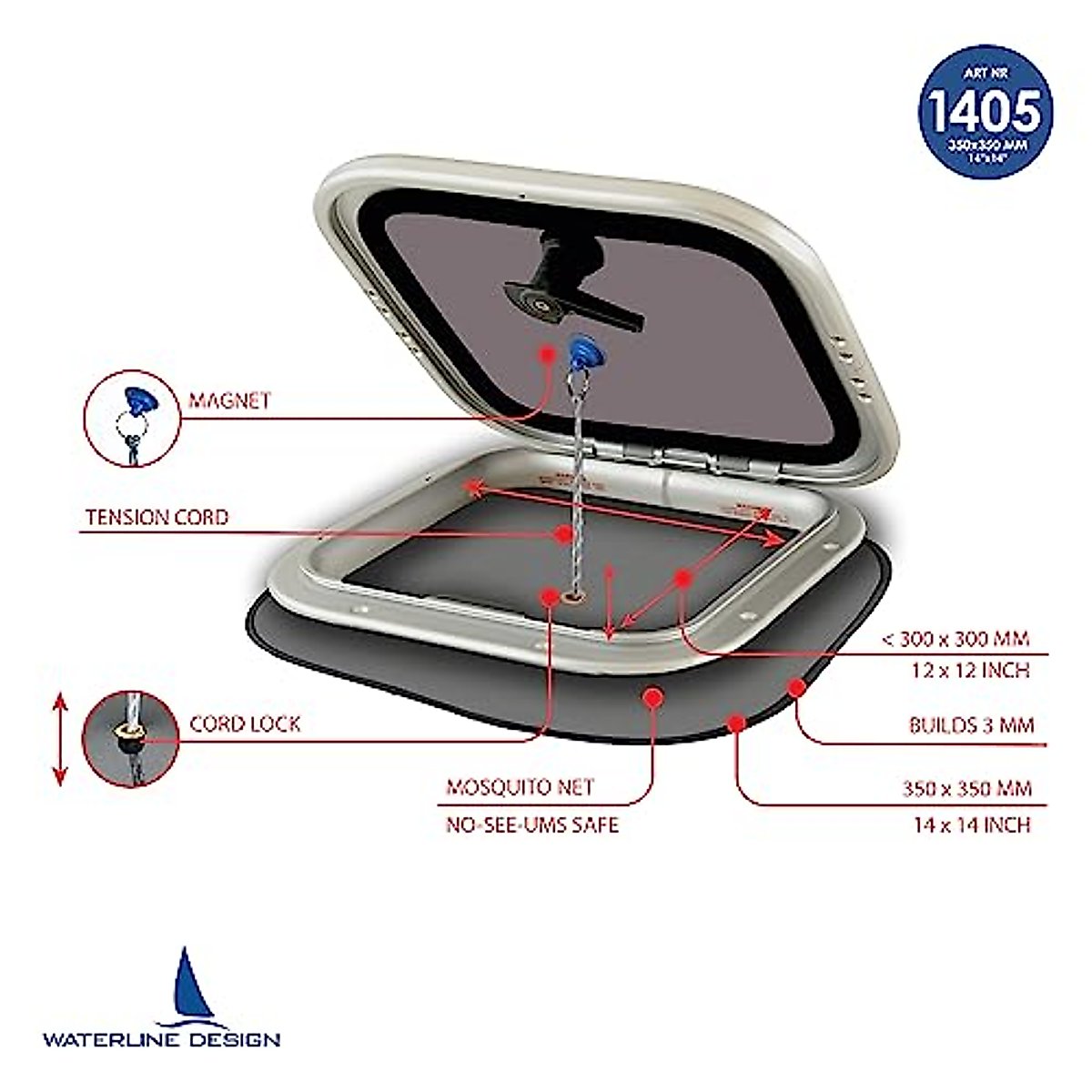 Waterline Design | Mosquito Net/Bug Screen for Boats Setup from The Inside with Magnet or Suction Cup. Bug Free Environment. for All Brands of Small hatches (1405) Hatch is not Included.
