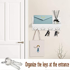 Ikviier Key Holder for Wall Decorative, Key Rack for Wall White, Wall Key Holder with Shelf, Key Hook for Wall with Double Hook, Key and Mail Holder for Wall (White-01)