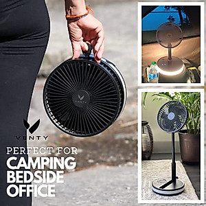 VENTY Original Portable Fan - Wireless Battery Operated Fan With 4 Speeds, LED Lighting, Carry Case & Remote Control - Premium Travel Rechargeable Fan & Power Bank With USB & USB-C Ports (Black)