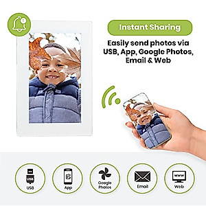PhotoSpring 10in WiFi Digital Picture Frame with Battery, Send Photos from Anywhere via Email, App, or Web, Easy Touch Screen Setup, 1280x800 Display, Plays Videos, White