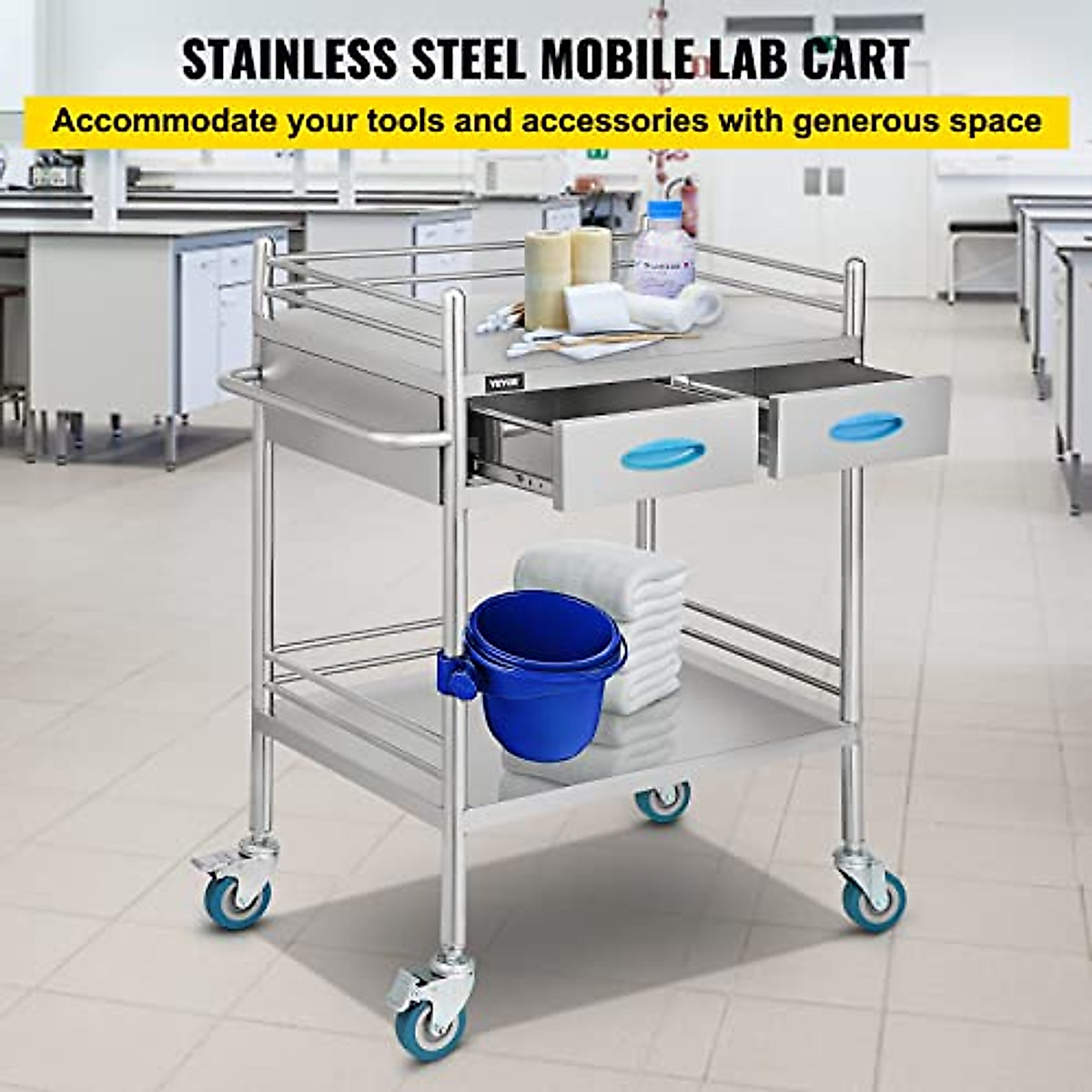 VEVOR Lab Serving Cart Utility Cart Stainless Steel Medical Cart with Two Drawers for lab Equipment Use Grade I Stainless Steel Utility Services (2 Shelves/ 2 Drawer)