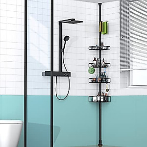 Kadolina Corner Shower Caddy Tension Pole, 4 Tier Shower Basket Shelves, 53-120 inch Adjustable Height Shower Storage Rack, Bathroom Bathtub Shampoo Holder Organizer Shower Accessories (Black)