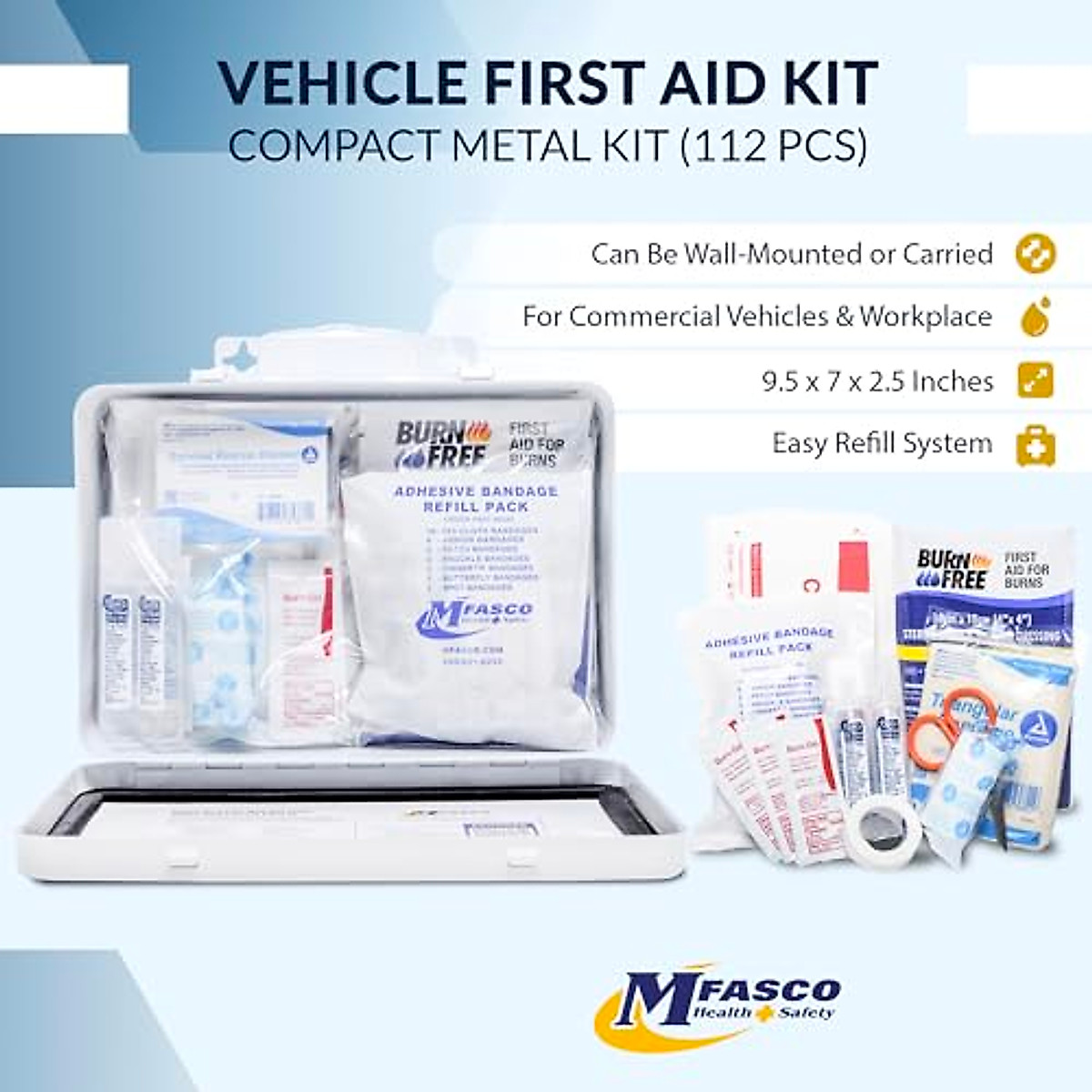 MFASCO Vehicle First Aid Kit - Compact Metal Kit - Portable & Mountable - Safety Kit for Commercial Vehicles & Workplace - DOT ANSI OSHA Compliant - Includes 112 Pcs Work Essential First Aid Supplies