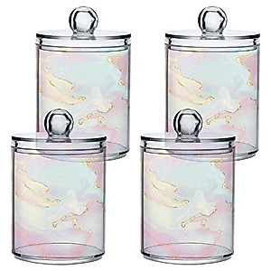 ALAZA 2 Pack Qtip Holder Dispenser Blush Pink Marble Bathroom Organizer Canisters for Cotton Balls/Swabs/Pads/Floss,Plastic Apothecary Jars for Vanity