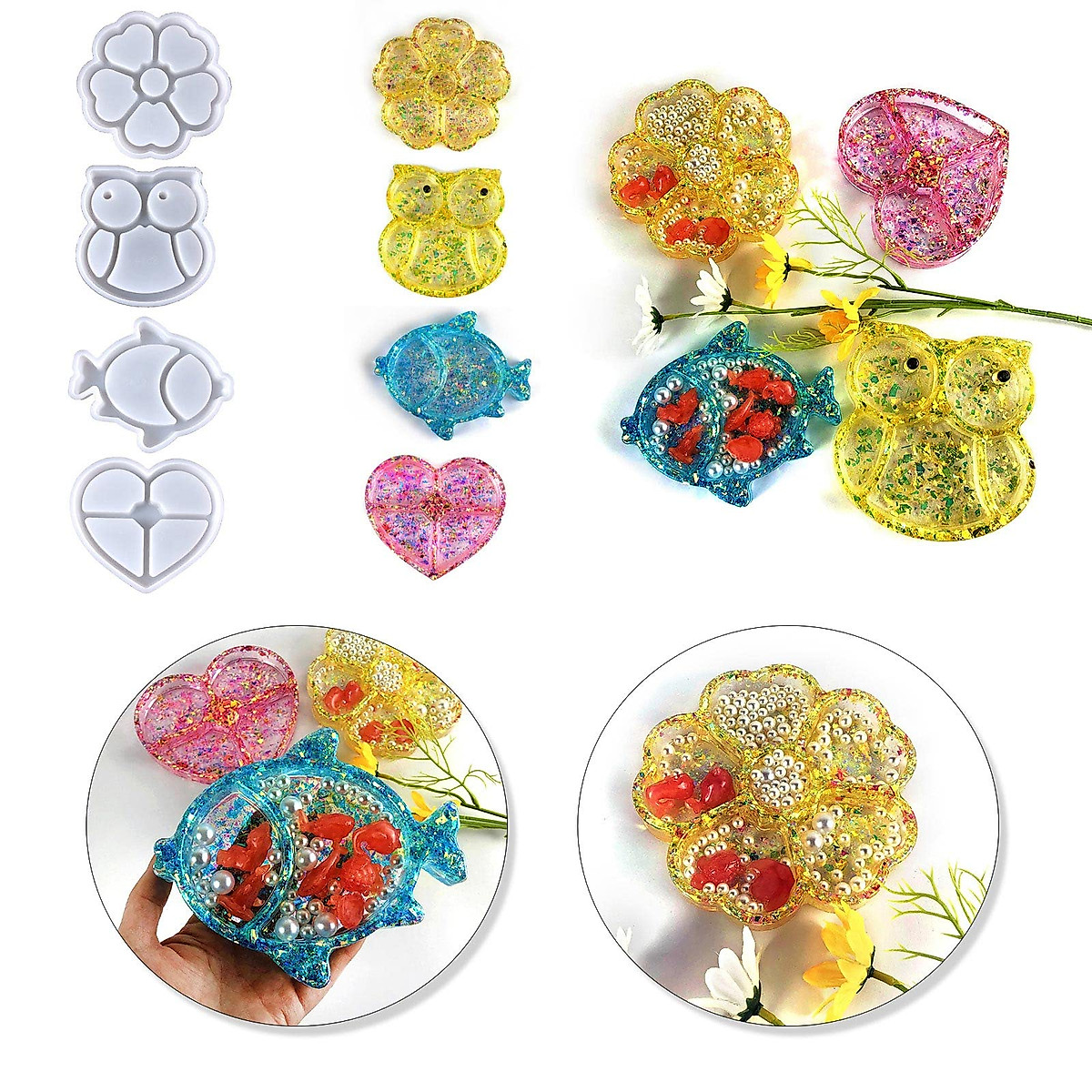 4 PCS Jewelry Tray Resin Mold,Flower Heart Fish Owl Tray Silicone Mold,Jewelry Storage Box Resin Casting Mold for DIY Epoxy Crafts