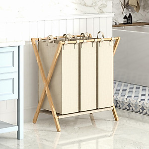 laundry hamper 3 section, Dirty Clothes Hamper with removable bags, Bamboo Laundry Basket,150L Large Laundry Sorter Organization, Foldable X-Frame Laundry Bin for Bedroom, Laundry Room, Bathroom