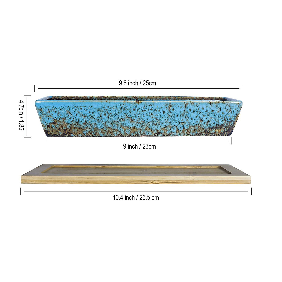 ARTKETTY Succulent Pots - Large Succulent Planters Pots with Drainage Tray, 1 Rectangle Flower Pot + 1 Round Bonsai Pot