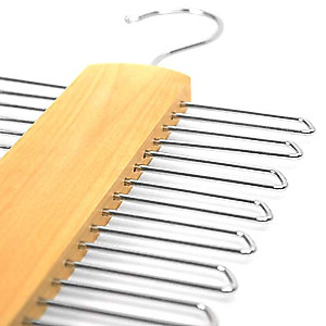 Umo Lorenzo Premium Wooden Necktie and Belt Hanger, Walnut Wood Center Organizer and Storage Rack with a Non-Slip Finish - 20 Hooks