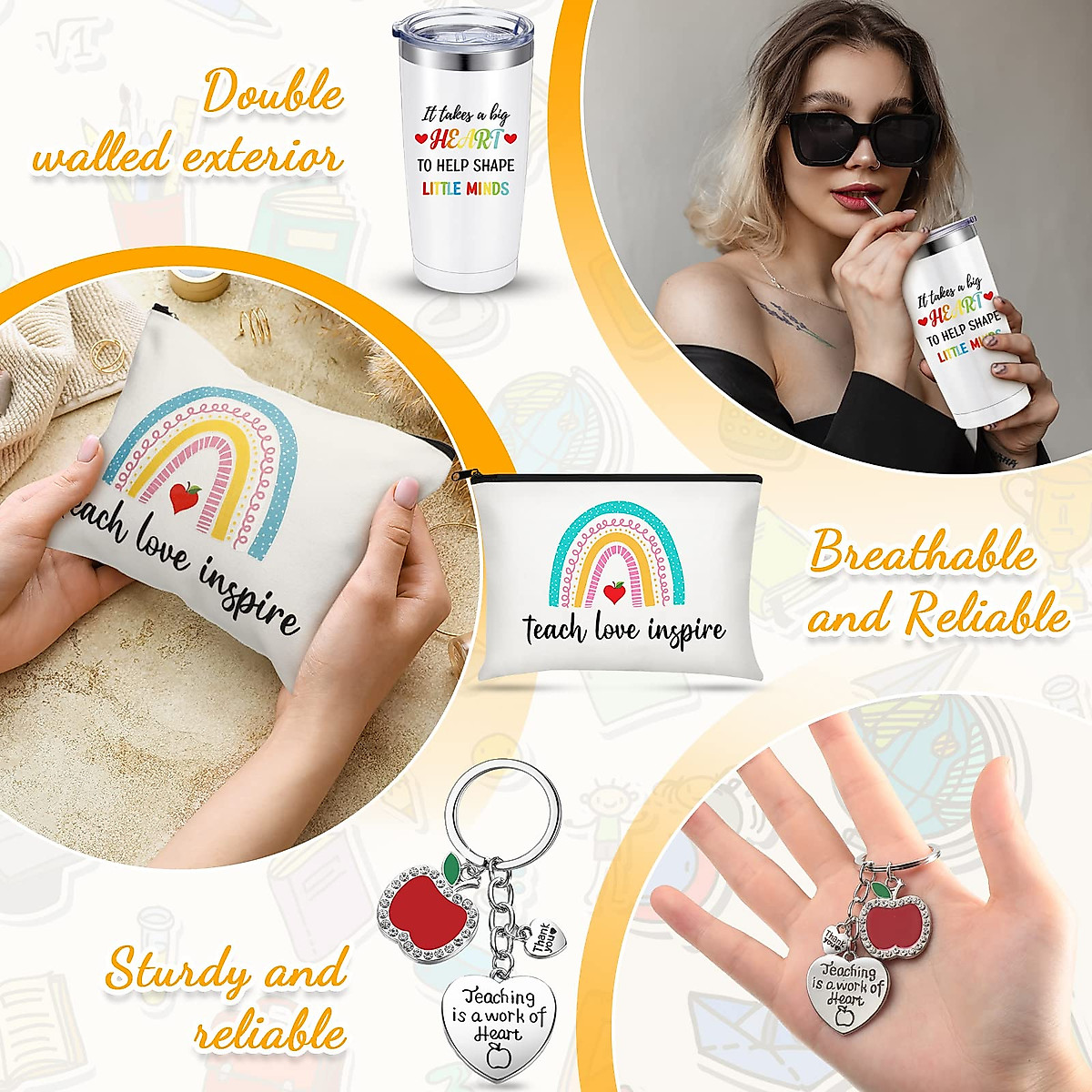 Sabary 12 Pieces Funny Thank You Gifts, 4 Teacher Travel Tumbler, 4 Teacher Makeup Bag with Zippers, 4 Teacher Apple Keychains, 20 oz Mug Tumbler for Birthday Teacher Appreciation Week