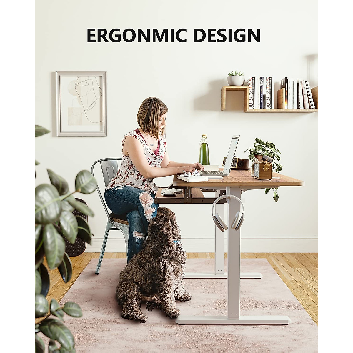 Cubiker Electric Standing Desk, 63 x 24 Inches Height Adjustable with Keyboard Tray, Ergonomic Workstation for Home Office, White Frame/Light Rustic Brown Top