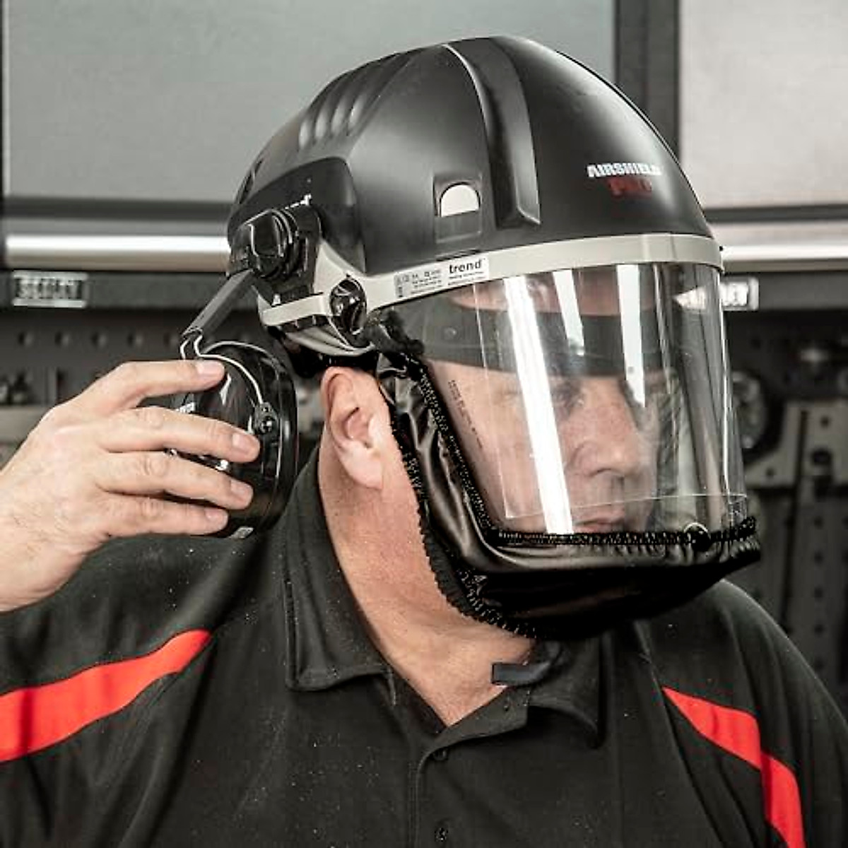 Trend Airshield Pro Full Air Circulating Face Shield w/ Ear Defenders - Complete Face and Hearing Protection Pack, AIR/PRO/D2