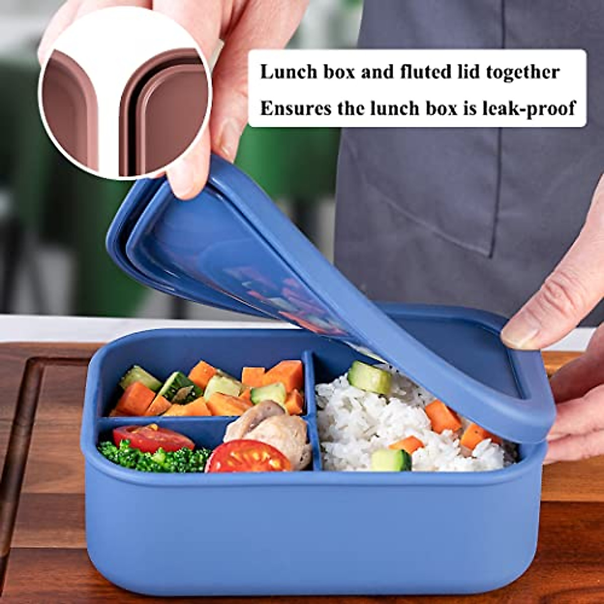 QTECLOR 3 Compartment Silicone Bento Lunch Box for Adult Kids, Food Container Leak-Proof BPA-Free Food Lunch Storage Boxes, Microwave,Dishwasher Safe,Lunch, Snack and Sandwich Food Container