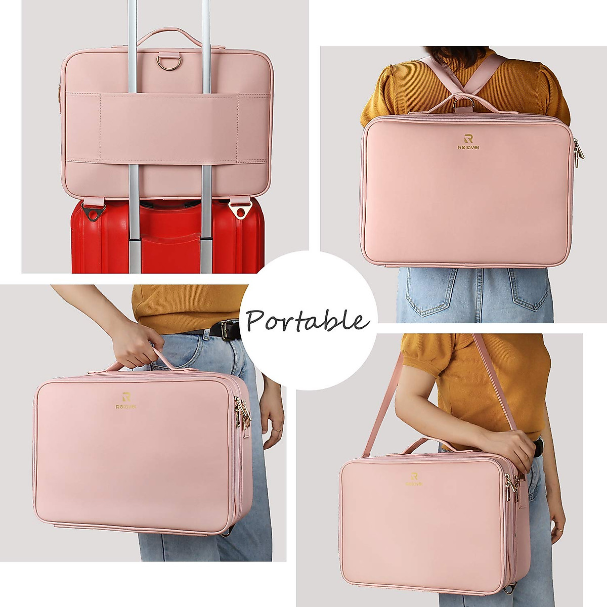 MONSTINA Cosmetic Bags 3 Layer Cosmetic Organizer Makeup Case Beauty Artist Storage Brush Box with Shoulder Strap (Large, PU Leather pink)