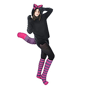 Striped Cat Costume for Girls Women, Cat Ears, Furry Tail, Striped Socks for Halloween Cosplay (Purple, Pink)