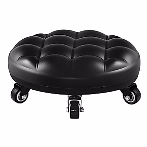 Lanstics Low Roller Seat Wheel Stool Chair PU Leather Rolling Stool Seats on Wheels for Home Office Fitness Round Roller Seat Stool (Black)