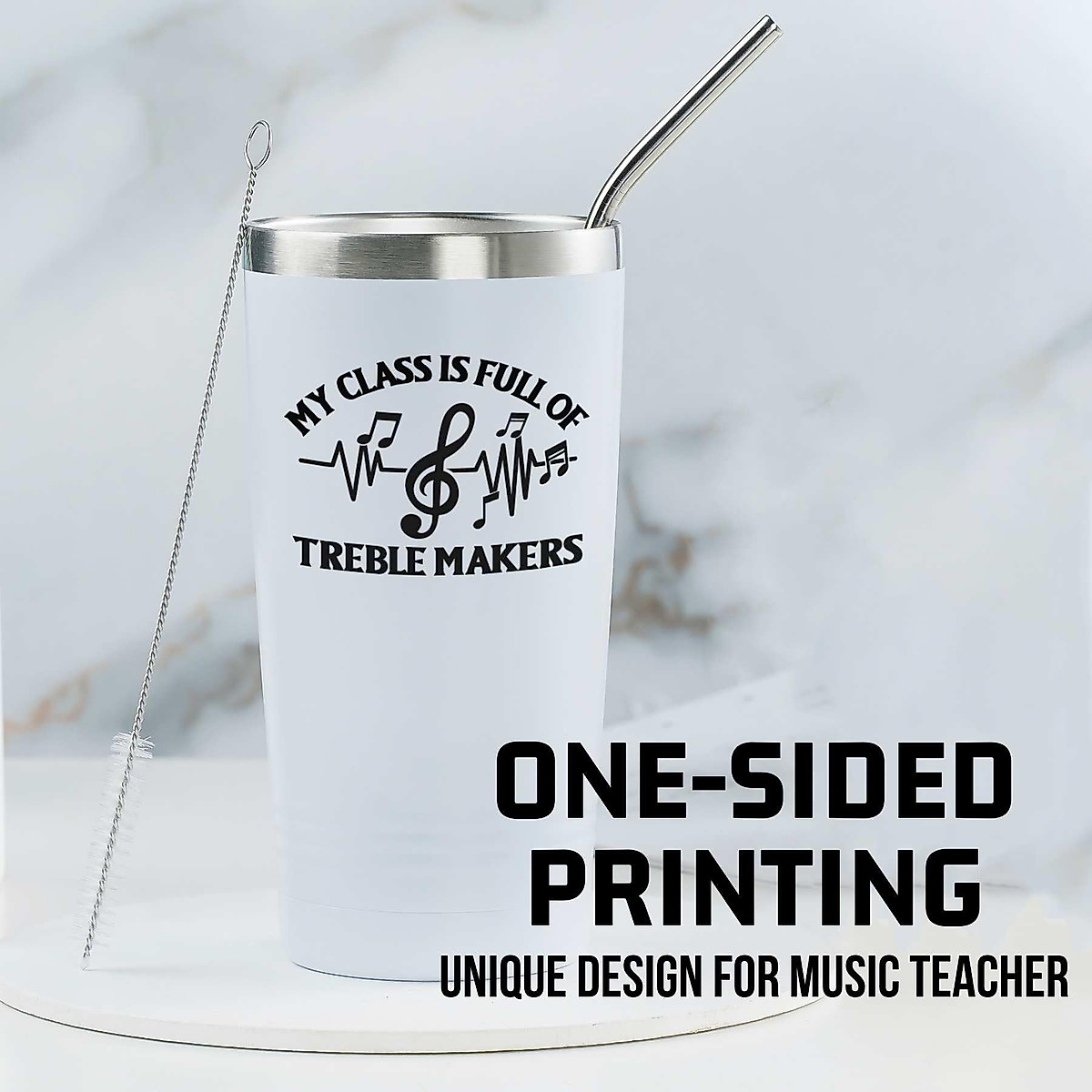 Onebttl Funny Music Teacher Gifts For Men, Women - My Class is Full of Treble Makers - 20 oz/590 ml Stainless Steel Insulated Tumbler with Straw, Lid - Music Lover Musical Themed Gifts - (White)