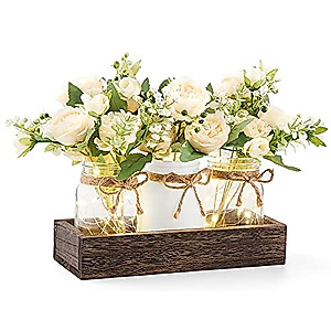 Mkono Mason Jar Lights Centerpiece Table Decorations for Dining Room Farmhouse Coffee Table Decor Wood Tray with 3 Jars Flowers Fall Table Centerpieces Decor for Kitchen Living Dining Room, White