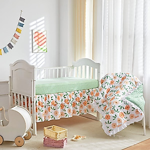 3 Pieces Crib Bedding Set Baby Ruffle Quilted Comforter with Fitted Sheet and Bed Skirt - Cute Ruffled Shabby Chic Baby Bedding Soft Blanket DesignOrange Flowers